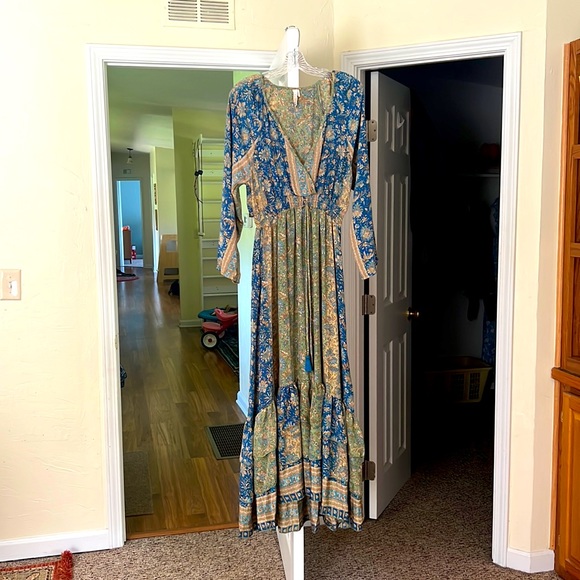 RAGA | Dresses | Raga Blue Green Deep V Neckline Long Sleeve Maxi Dress Tassel Ties | Poshmark
